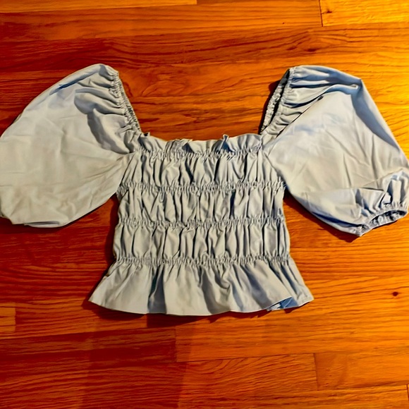 Tops | Puff Sleeve Light Blue Ruched Bodice Summer Top | Poshmark